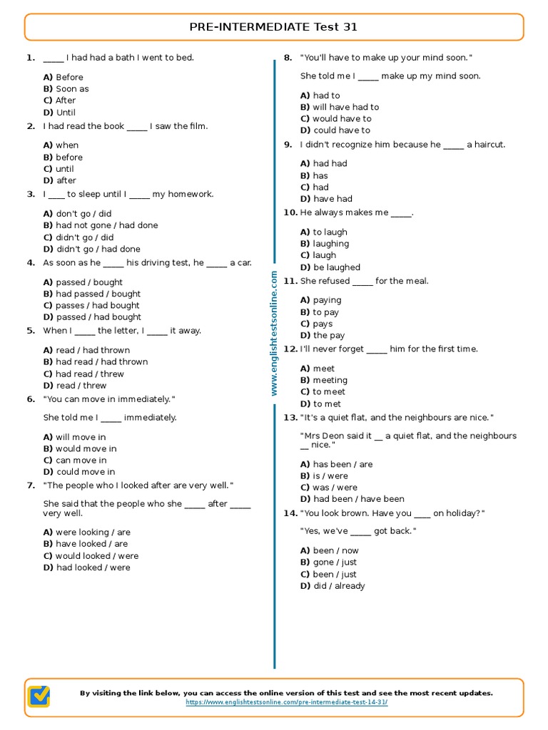 1214 - Pre Intermediate Test 31 | PDF