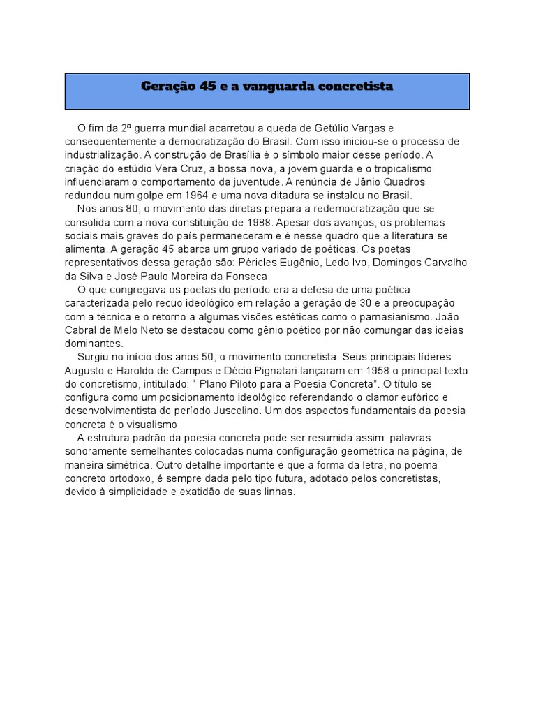 Geração 45 e o Movimento Concretista | PDF | História