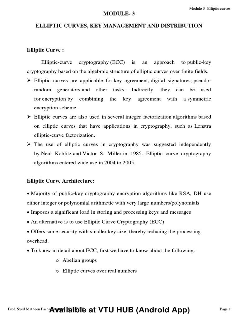 Availaible at VTU HUB (Android App) : Module-3 Elliptic Curves, Key ...
