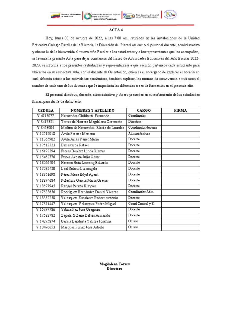 ACTA 4 Inicio de Clases | PDF