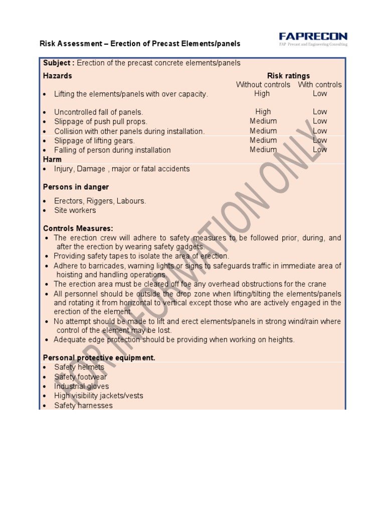 Risk Assessment Erection of Precast Concrete Elements | PDF | Safety ...