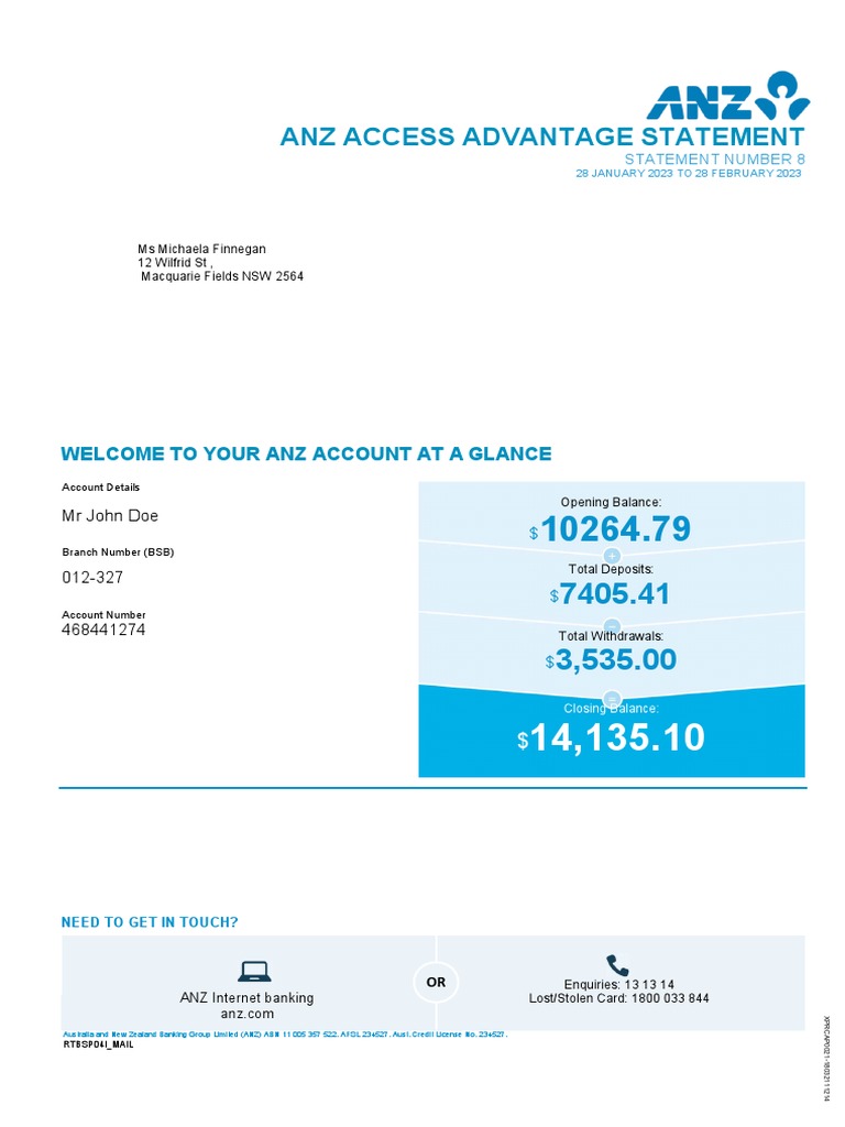 ANZ Bank Statement | PDF | Fee | Automated Teller Machine