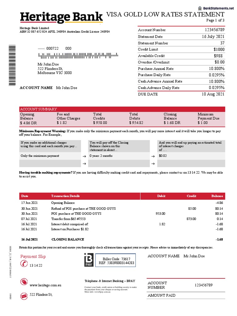 Visa Gold Low Rates Statement: Account Name MR John Doe | PDF | Credit ...