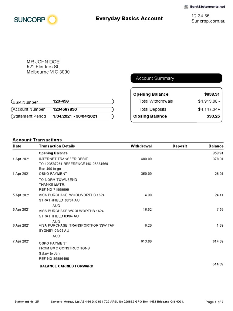Everyday Basics Account: Opening Balance $858.91 123-456 1234567890 1 ...