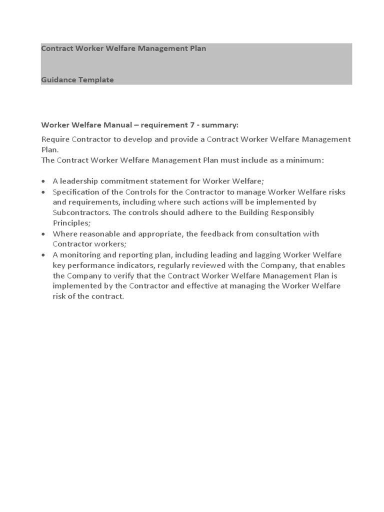 Contract Worker Welfare Management Plan TEMPLATE Sample | PDF ...