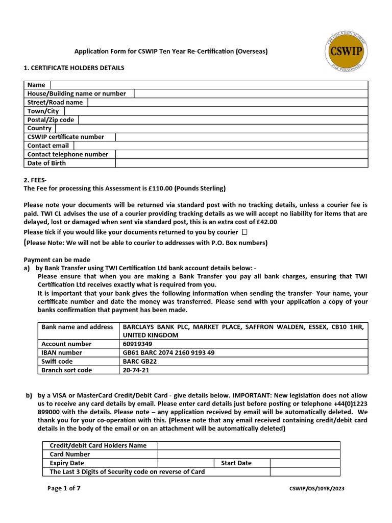Application Form For CSWIP 10 Year Re-Certification | PDF ...