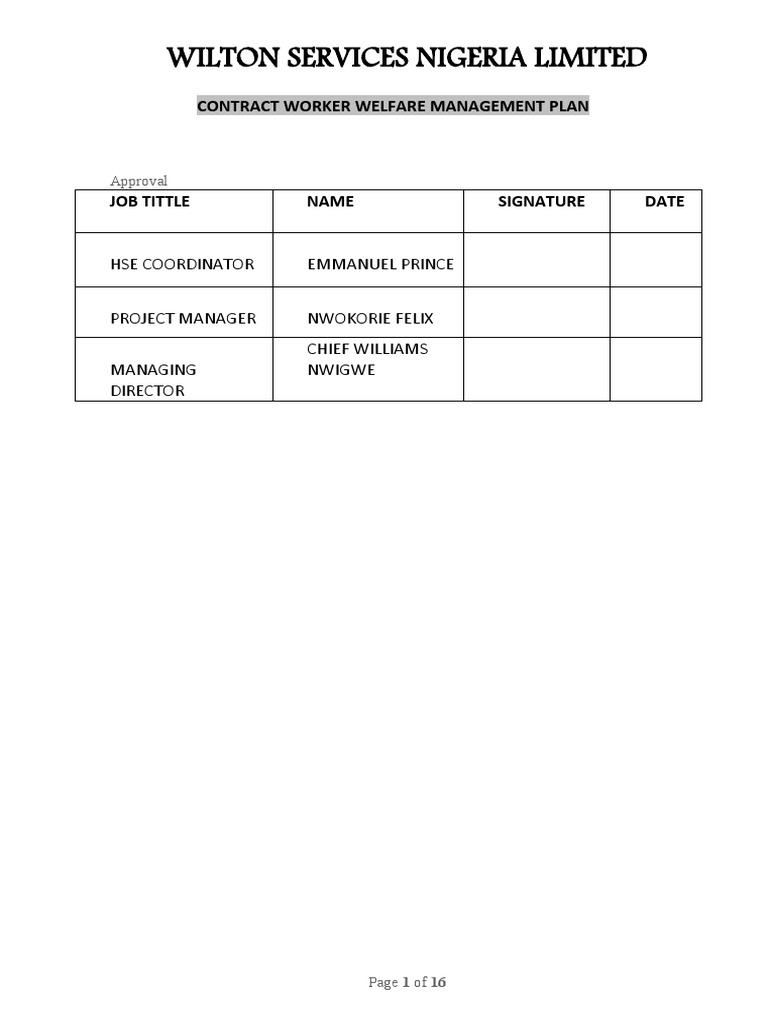 Worker Welfare Management Plan | PDF | Employment | Sanitation