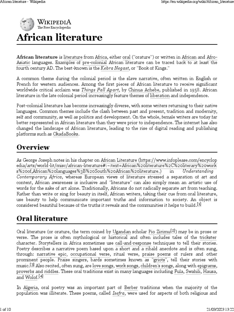 African Literature - Wikipedia | PDF | African Literature