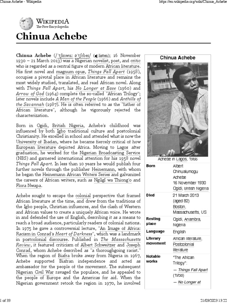 Chinua Achebe - Wikipedia | PDF | Social Science