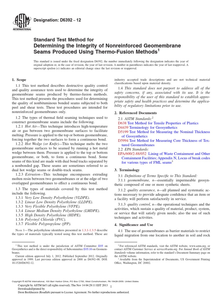 ASTM D6392-12 Det The Integrity of Nonreinforced Geomembrane Seams Using Thermo-Fusion Methods ...