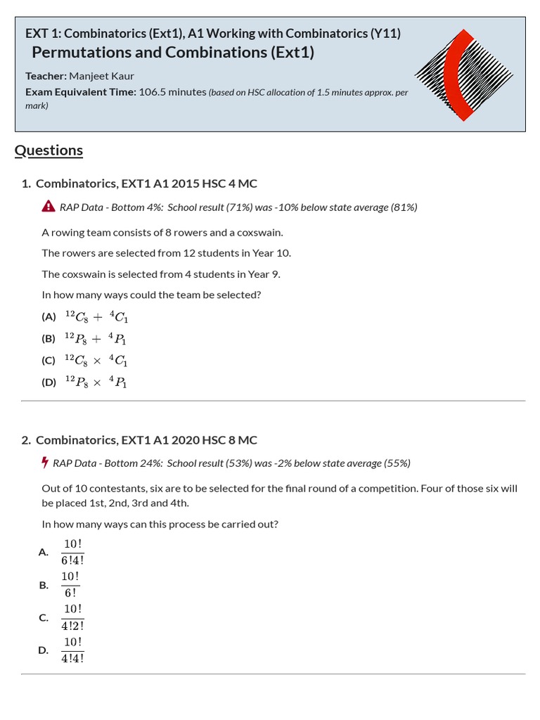 (Yr 11) ME A1 Permutations and Combinations | PDF | Discrete Mathematics | Mathematics