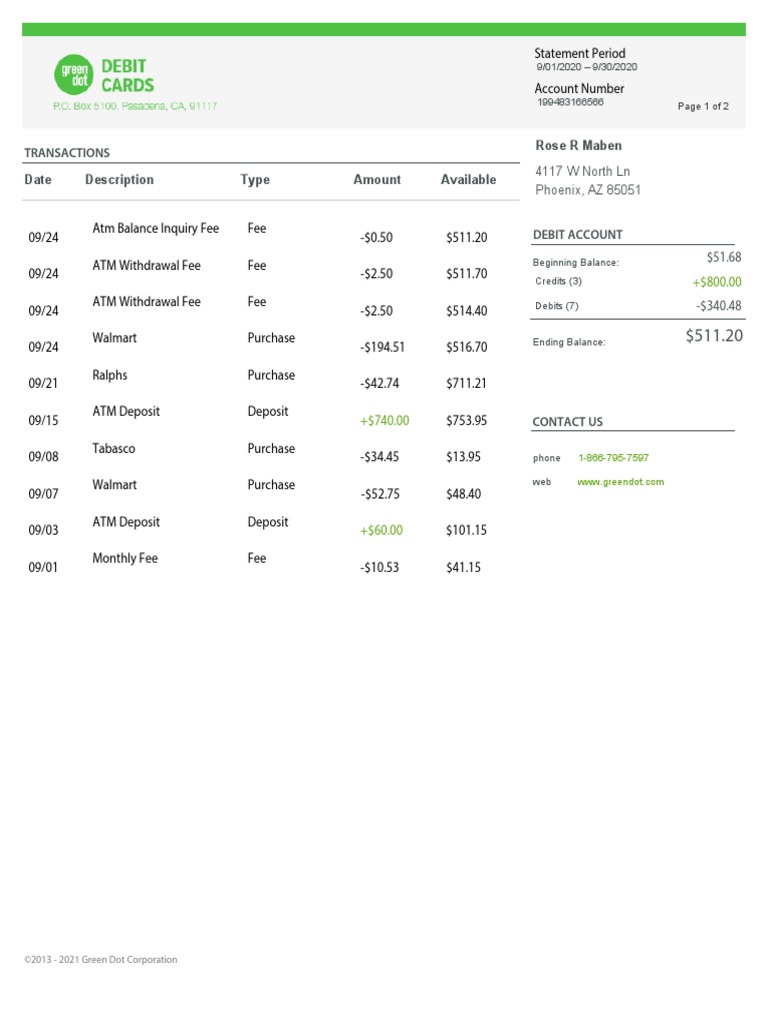 Greendot Statement | PDF | Automated Teller Machine | Debit Card