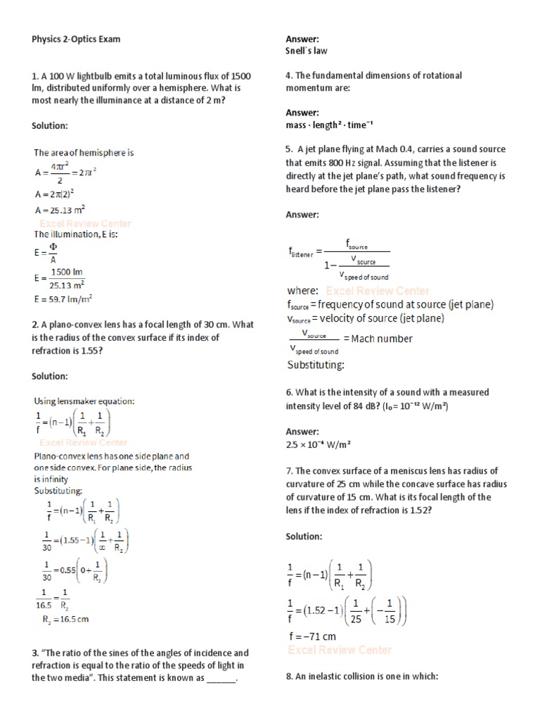 Physics 2 Optics Exam Review | PDF | Wavelength | Refraction