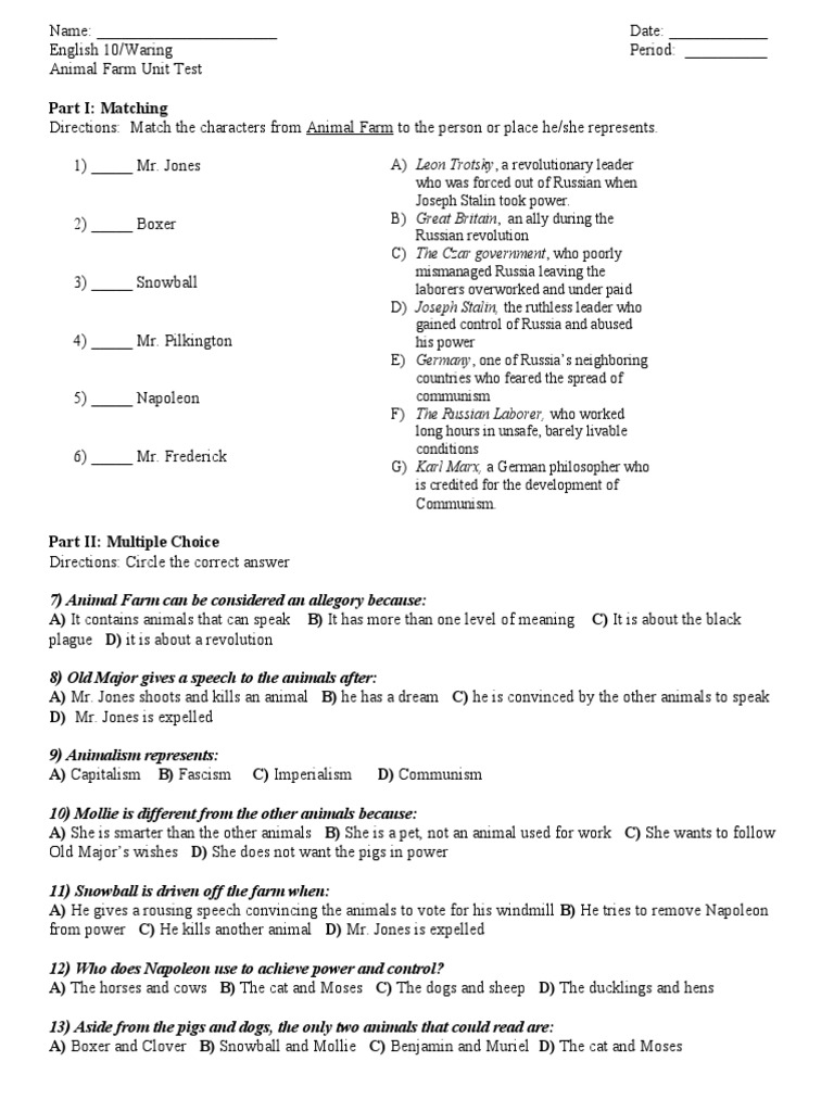 Animal Farm Unit Test | PDF