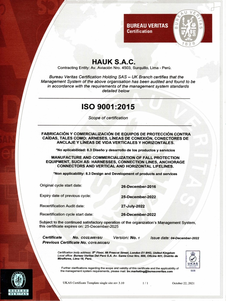 ISO 9001 2015 HAUK SAC Vigencia 2025 | PDF