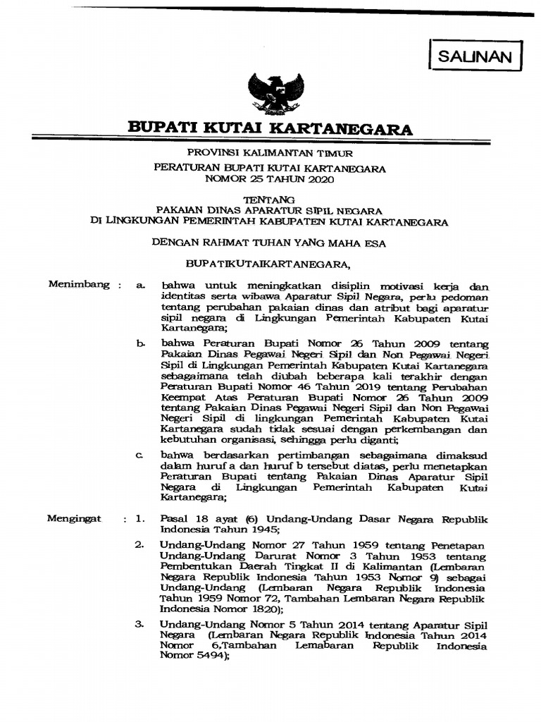 Perbup Kukar 25-2020 TTG Pakaian Dinas ASN Di Lingkungan PemKab KuKar ...