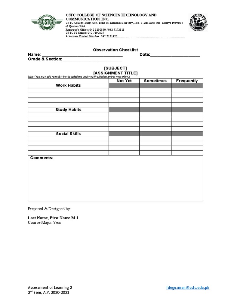 Observation Checklist: Rating Your Study Habits | PDF | Cognition ...