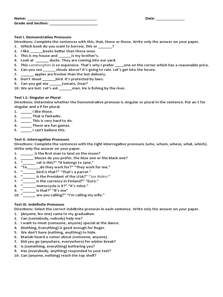 Pronouns Quiz with Answers | PDF | Pronoun | Syntax