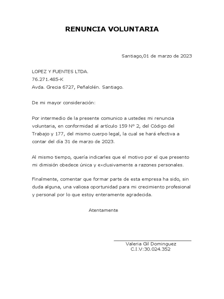 Modelo Carta de Renuncia Voluntaria Word | PDF