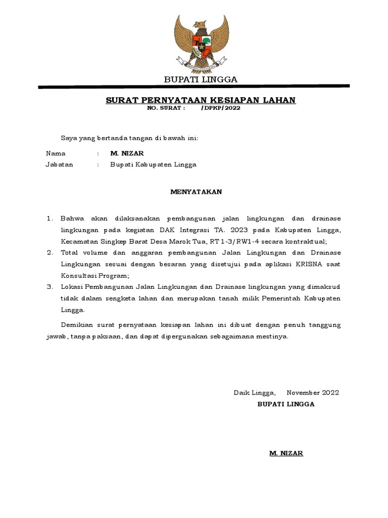 Format Surat Pernyataan Kesiapan Lahan DAK Integrasi TA. 2023 | PDF