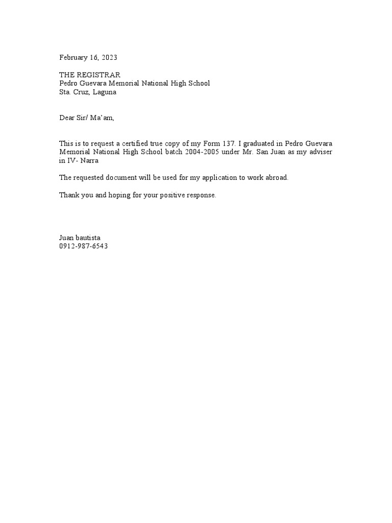 PGMHS Request Letter For Form137 | PDF