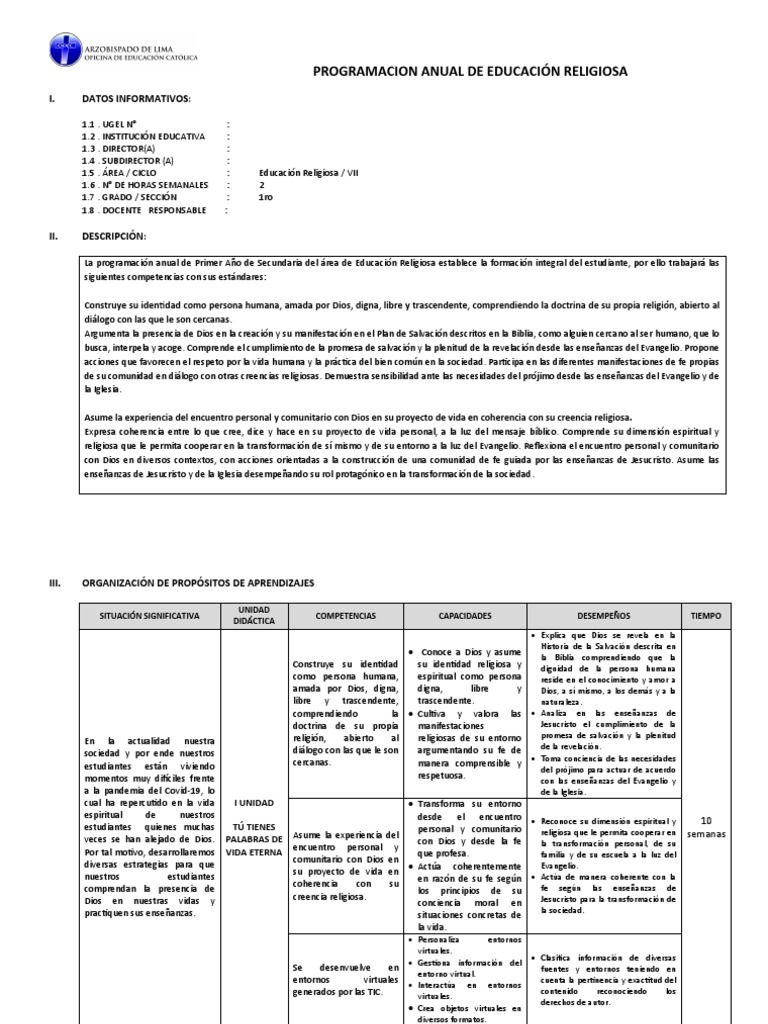 Programación Anual 1ro Sec. | PDF | Fe | Dios