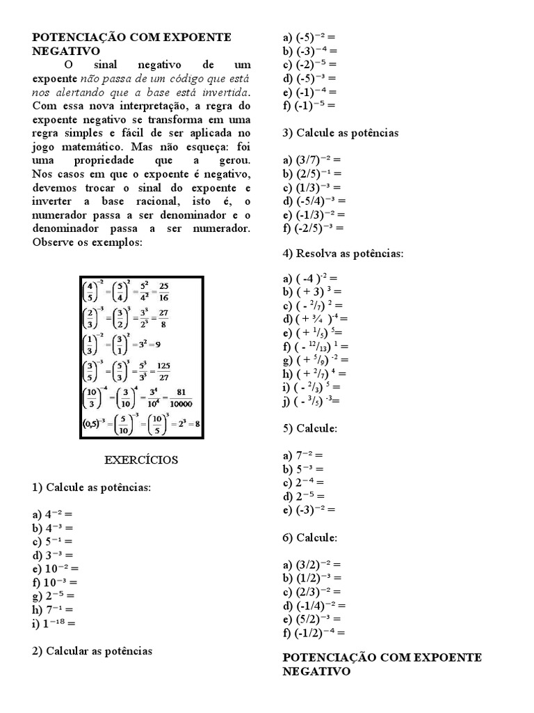 Potenciação Com Expoente Negativo Pdf Exponenciação Funções E