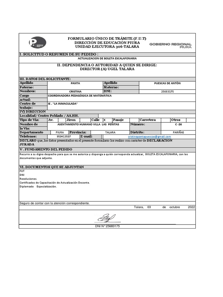 Formulario Único de Trámite - FUT - Actualizaciòn de Legajo | PDF