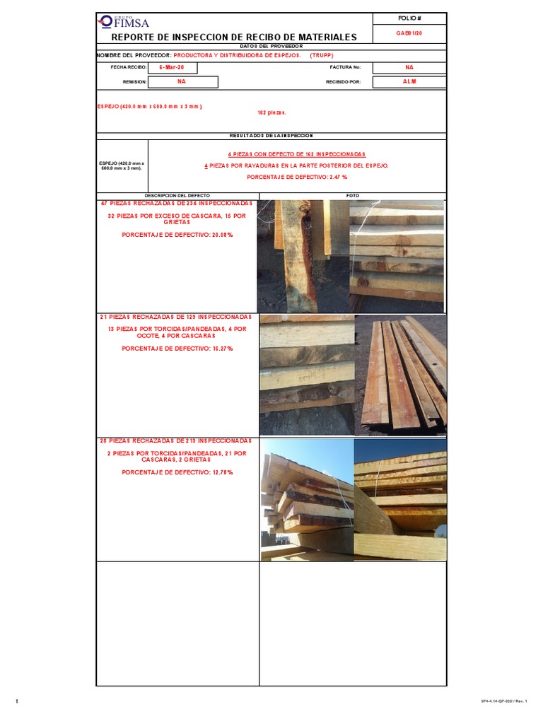 Reporte de Inspeccion de Recibo Madera Gab01 - 20 | PDF