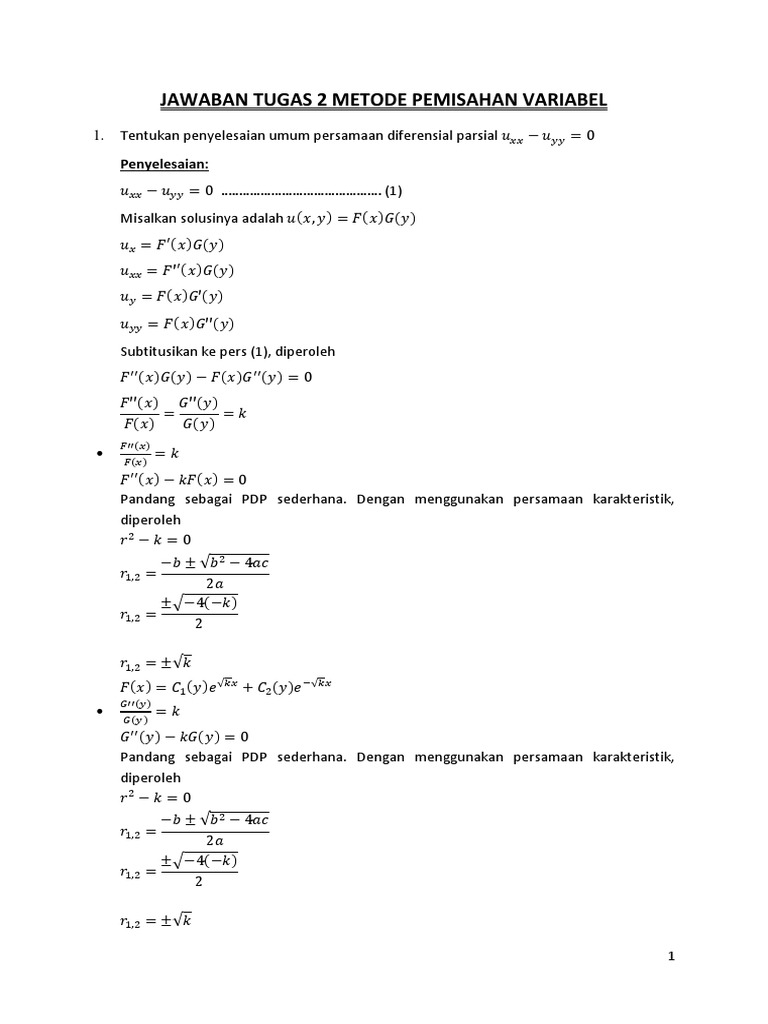 Jawaban Tugas 2 Metode Pemisahan Variabel PDF | PDF
