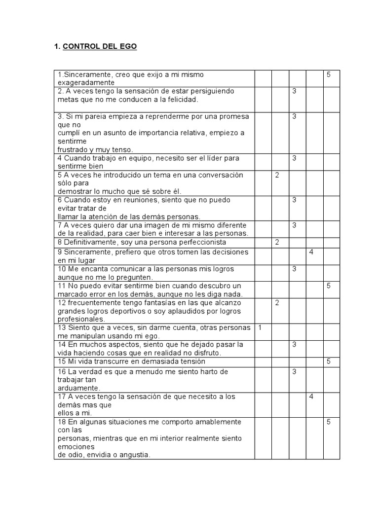 Evaluación de Control del Ego y Equilibrio Personal | PDF | Autoestima ...