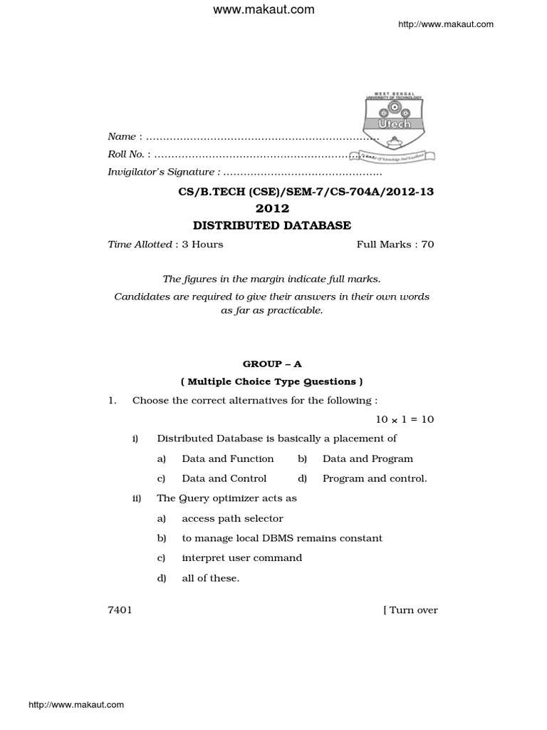Btech Cse 7 Sem Distributed Database 2012 PDF | PDF | Databases | Data