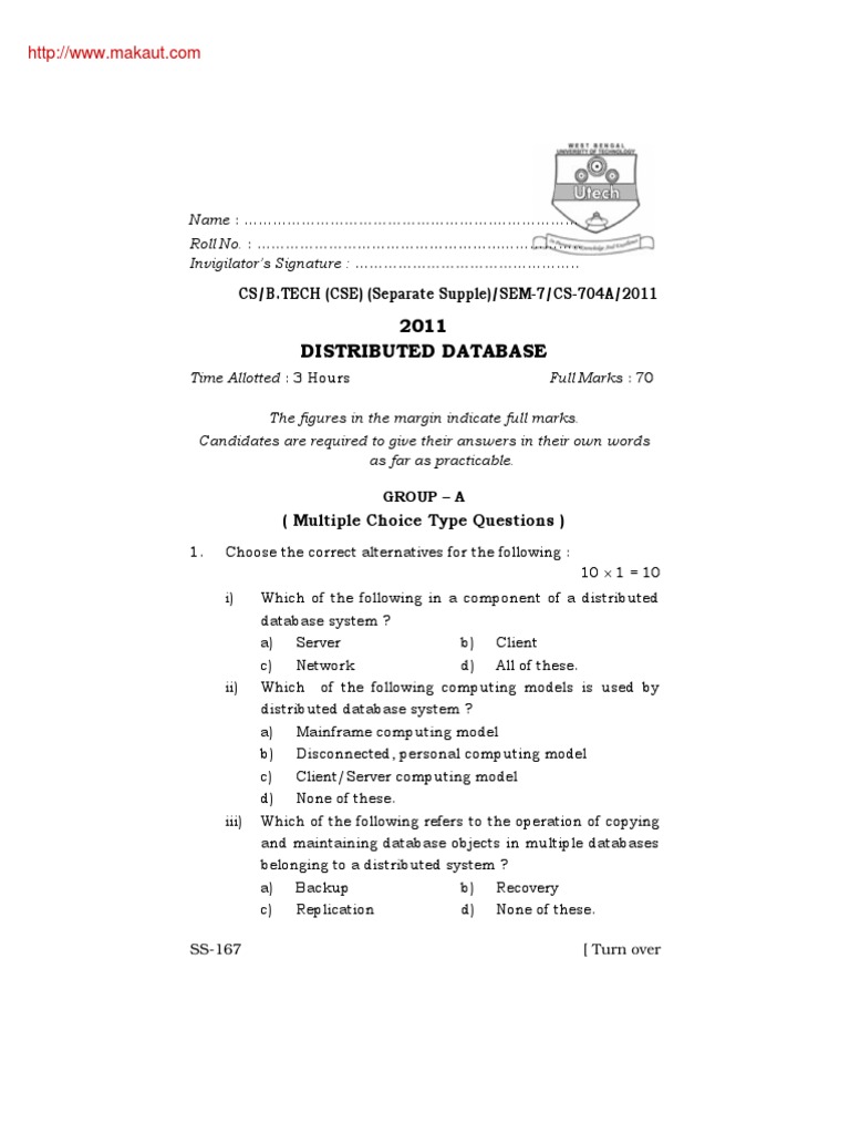 Btech Cse 7 Sem Distributed Database V2 2011 Pdf Pdf Databases Computer Data