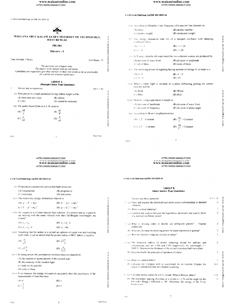 Physics PH 101 2016 PDF | PDF
