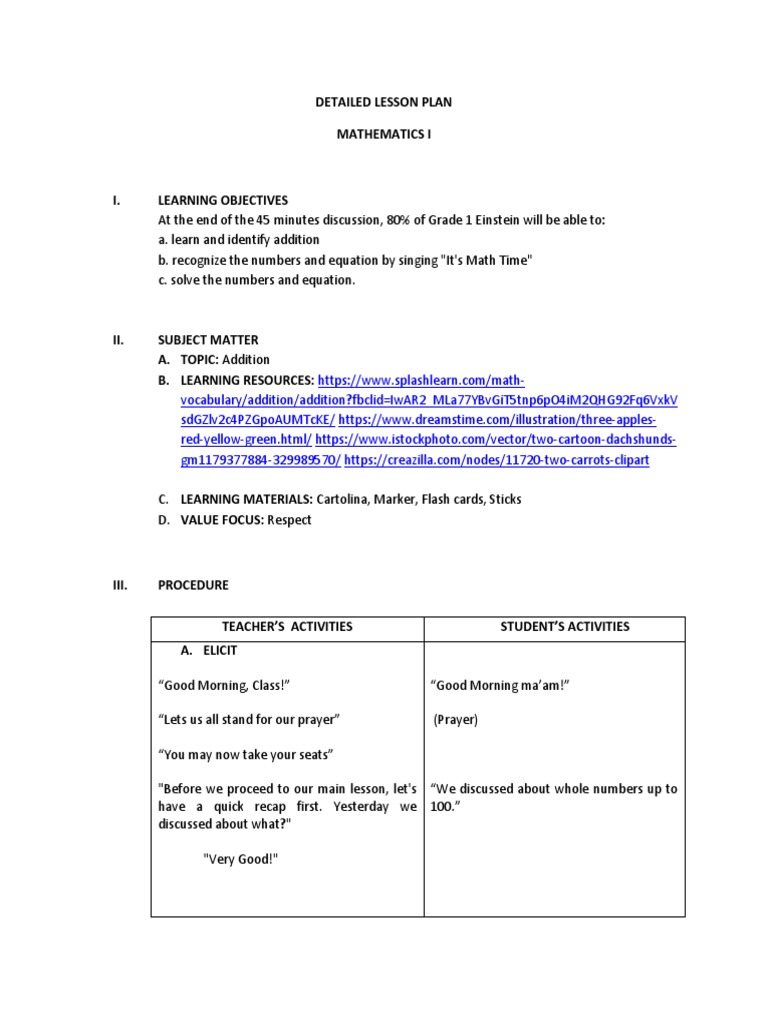 Detailed Lesson Plan Math Grade 1 Final | PDF | Mathematics | Cognition