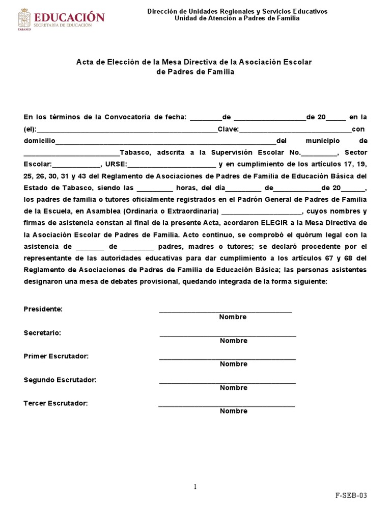 Acta Constitutiva de Asociaciones de Padres de Familia | PDF | Gobierno