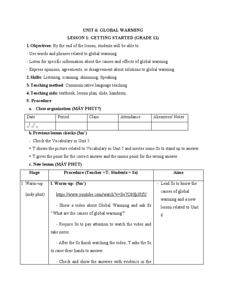 UNIT 6 Lesson Plan Chính | PDF | Climate Change | Greenhouse Gas