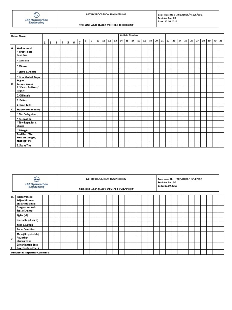 Pre-Use & Daily Inspection Checklist - Rev 00 | PDF | Vehicles | Car ...