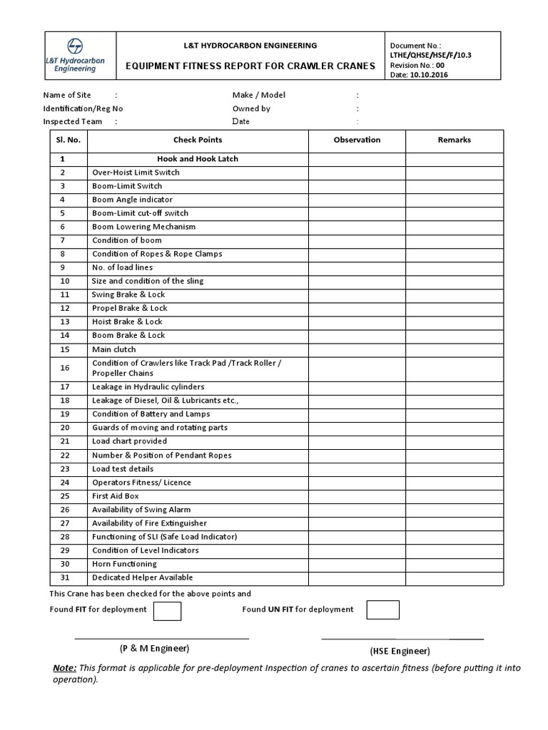 Equipment Fitness Report for Crawler Cranes: A Comprehensive Inspection Checklist for Ensuring ...