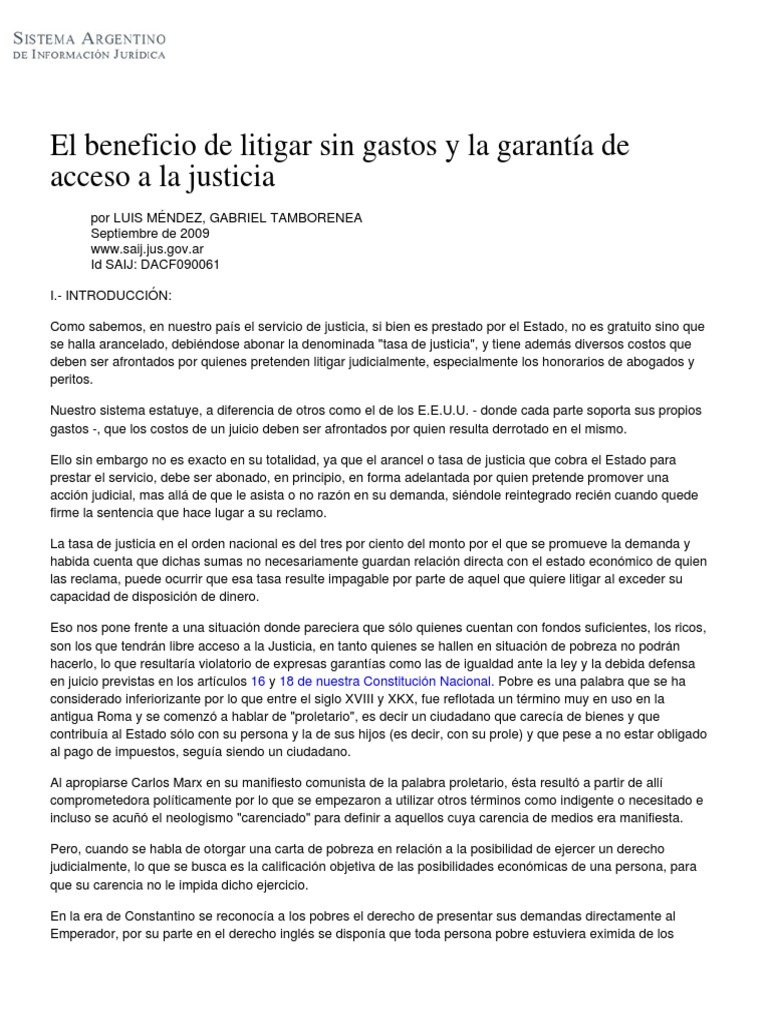 El Beneficio de Litigar Sin Gastos y La Garantía de Acceso A La ...