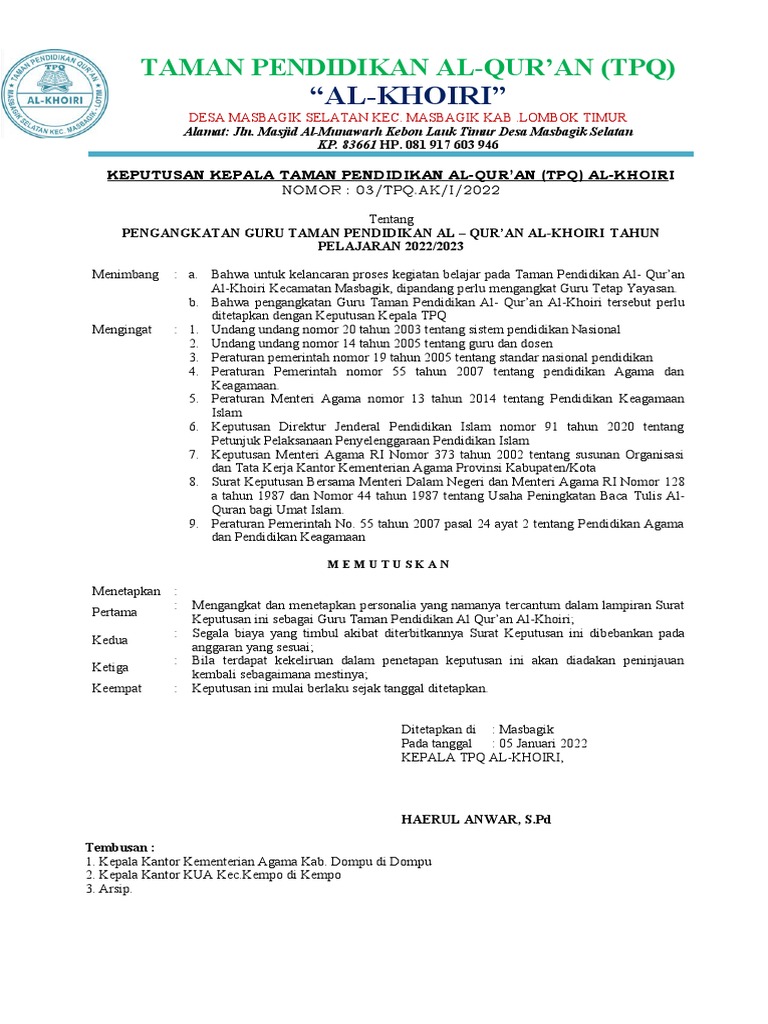 SK Pengangkatan Guru TPQ | PDF