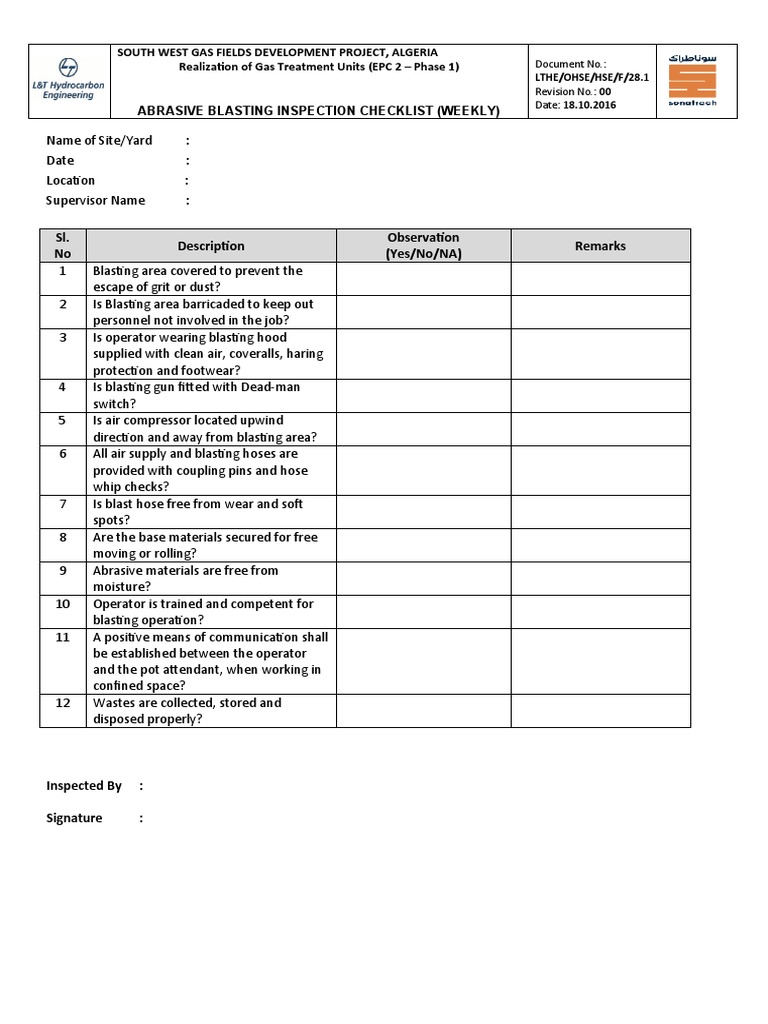 Abrasive Blasting Inspection Checklist - Rev 00 | PDF