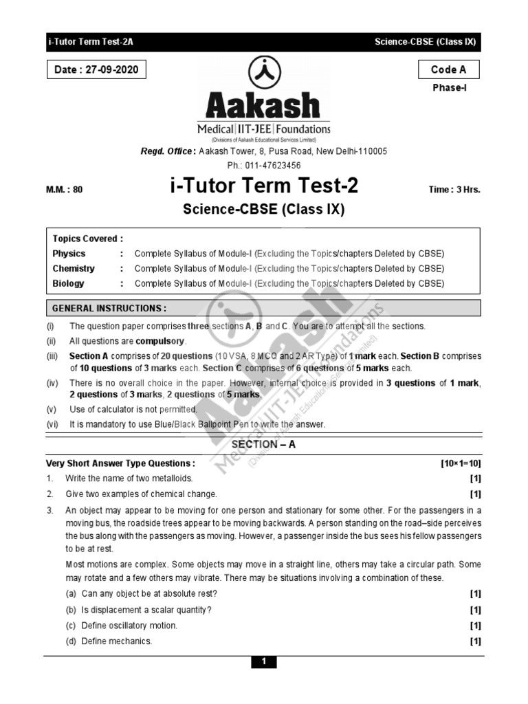 I-Tutor Term Test-2A (Phase-I) Science (C-IX) - 27-09-2020 PDF | PDF ...