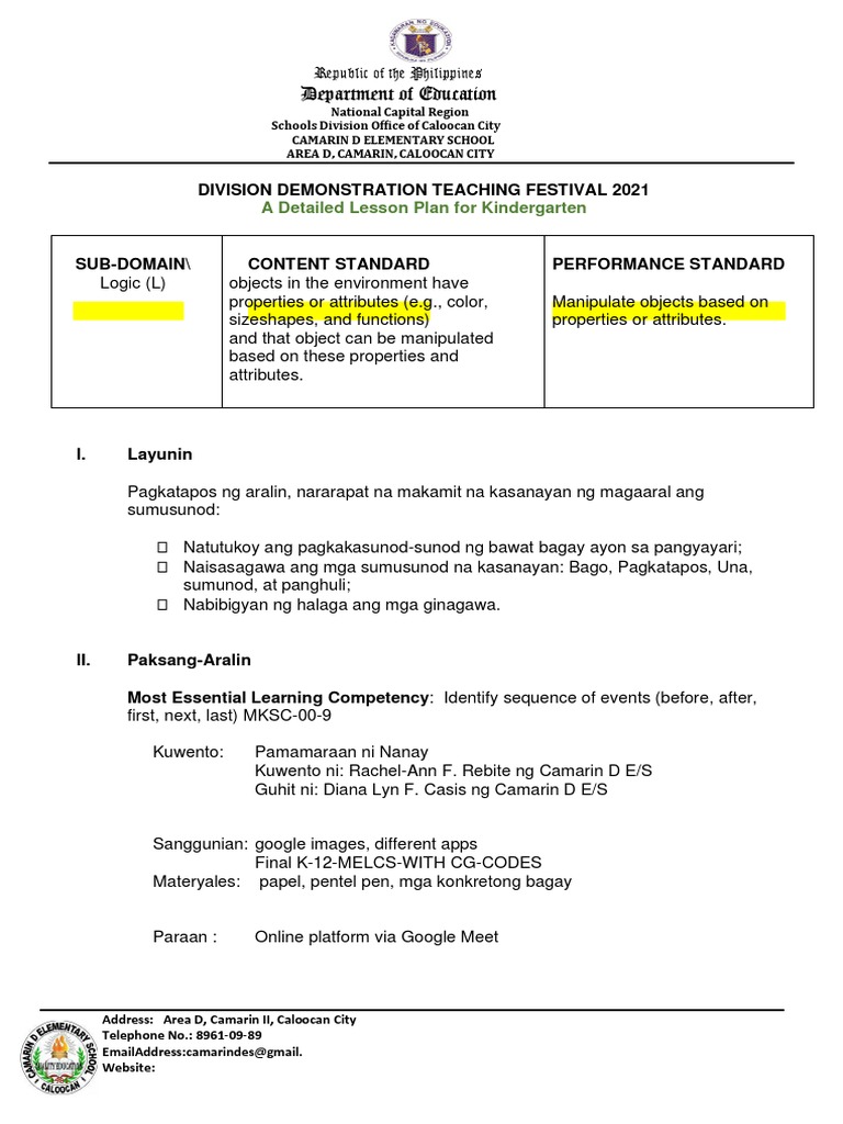 A Detailed Kindergarten Lesson Plan on Identifying the Sequence of ...