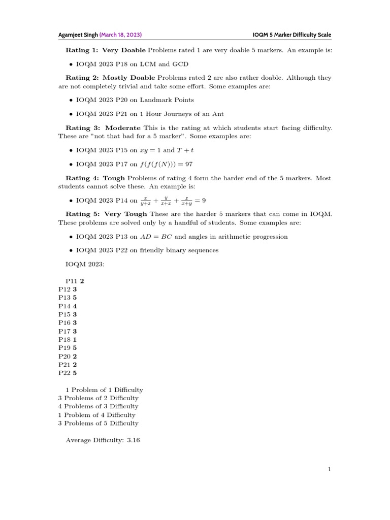 IOQM Difficulty Scale PDF | PDF