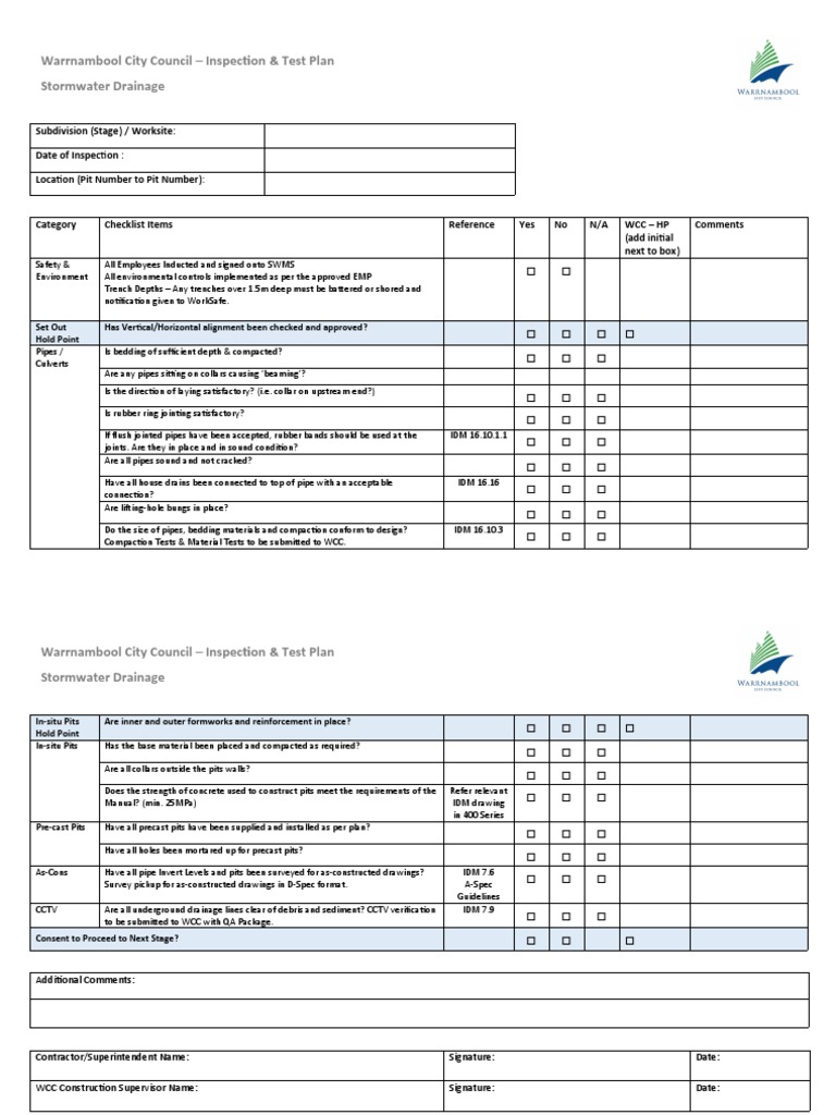 WCC ITP - Stormwater Drainage | PDF | Precast Concrete | Pipe (Fluid Conveyance)
