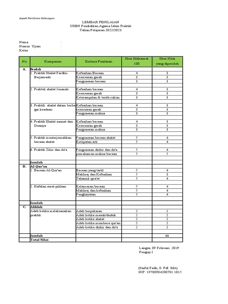 Form Praktek PAI Kelas XII.xlsx | PDF