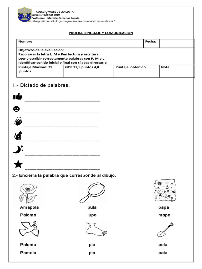 Prueba Lenguaje Letra P | PDF | Escritura | Cognición