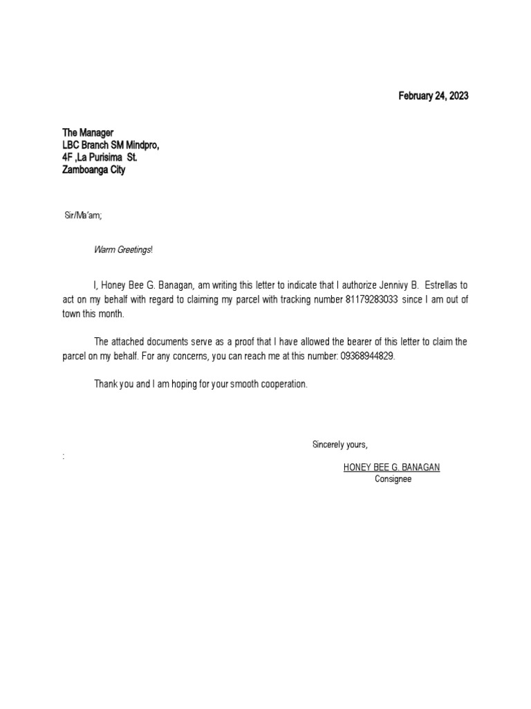 Authorization Letter for LBC Parcel Claim | PDF
