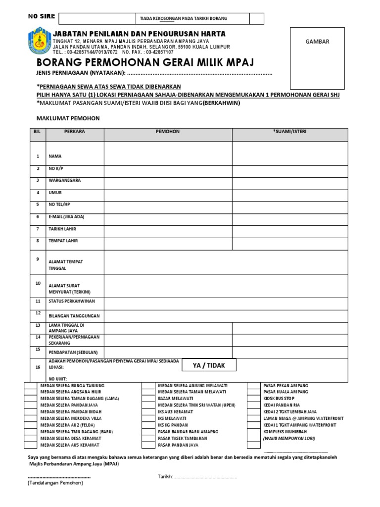 Borang Permohonan Gerai Milik Mpaj PDF | PDF